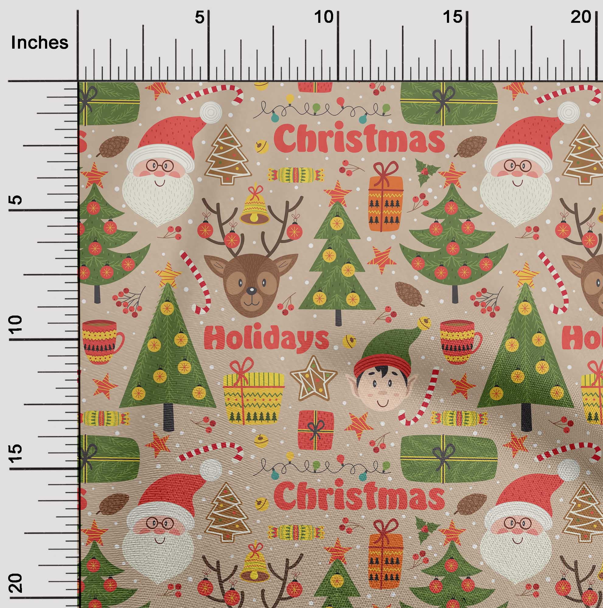 oneOone Cotton Poplin Twill Tan Fabric Santa|Gift Box & Tree Christmas ...