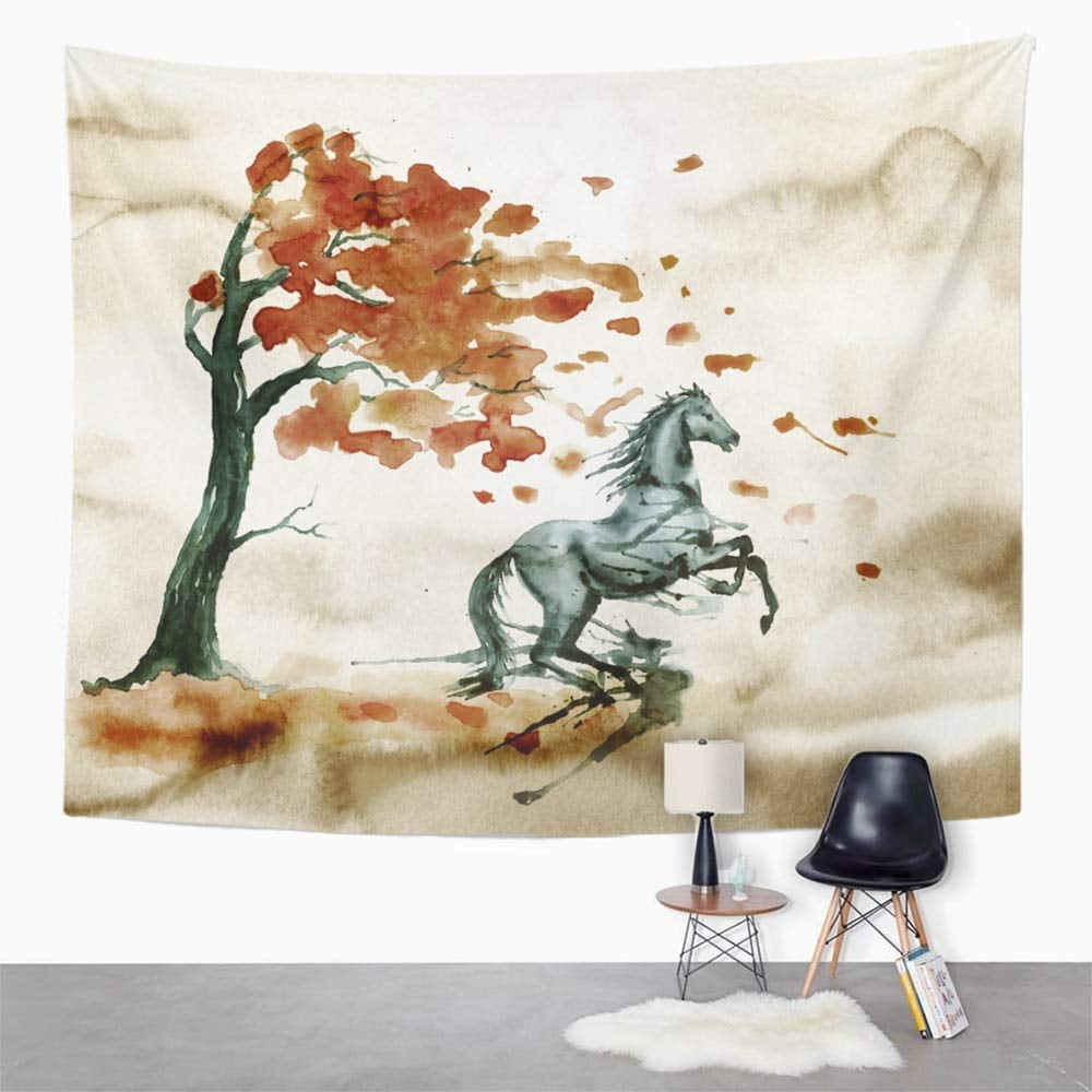 ZEALGNED Rearing up Horse with Ink Watercolor Blots Stains and Autumn ...