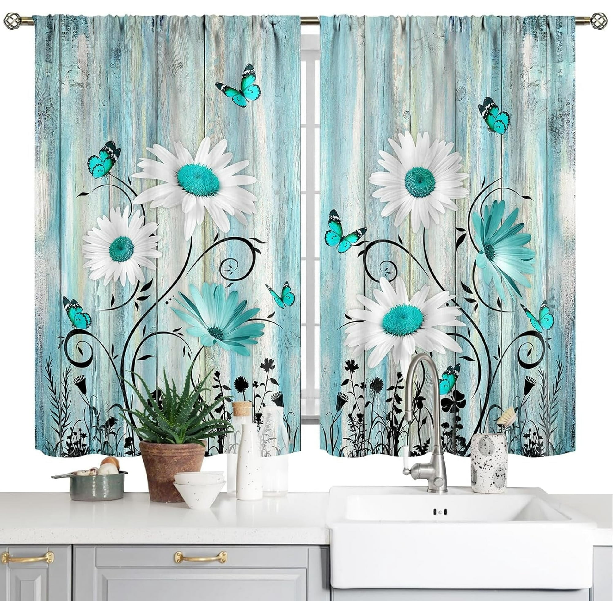 Click here for Jzphhboc Farmhouse Teal Daisy Kitchen Curtains Woo... prices