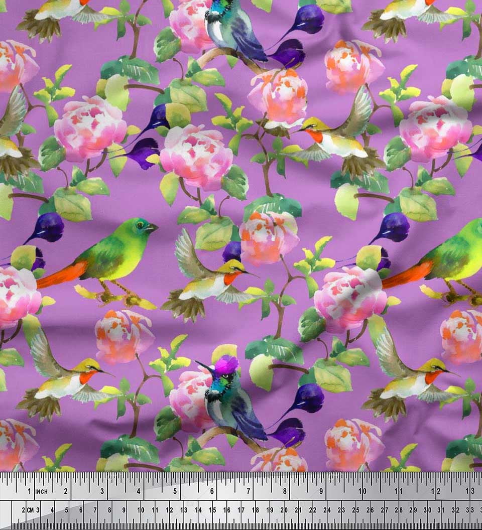 Soimoi Velvet Fabric Leaves,Floral & Hummingbird Bird Print Fabric by ...