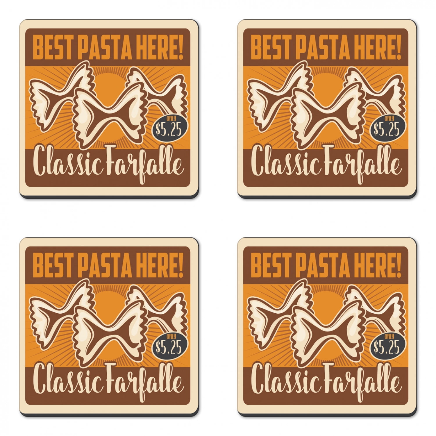 Italy Coaster Set of 4, Farfalle Type of Italian Style Pasta Sketch on ...