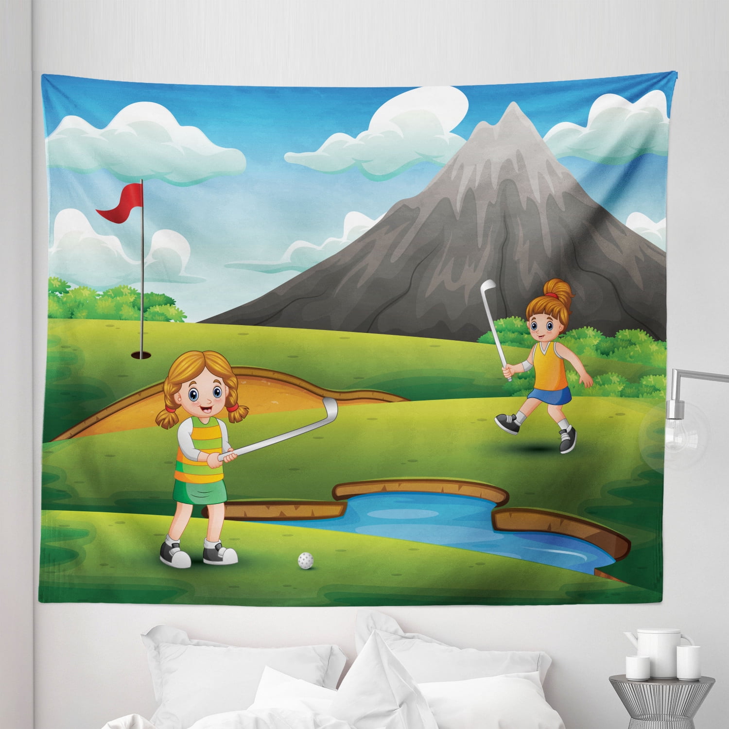 Golf Course Scene Tapestry, Happy Golfer on Field in a Sunny Day ...