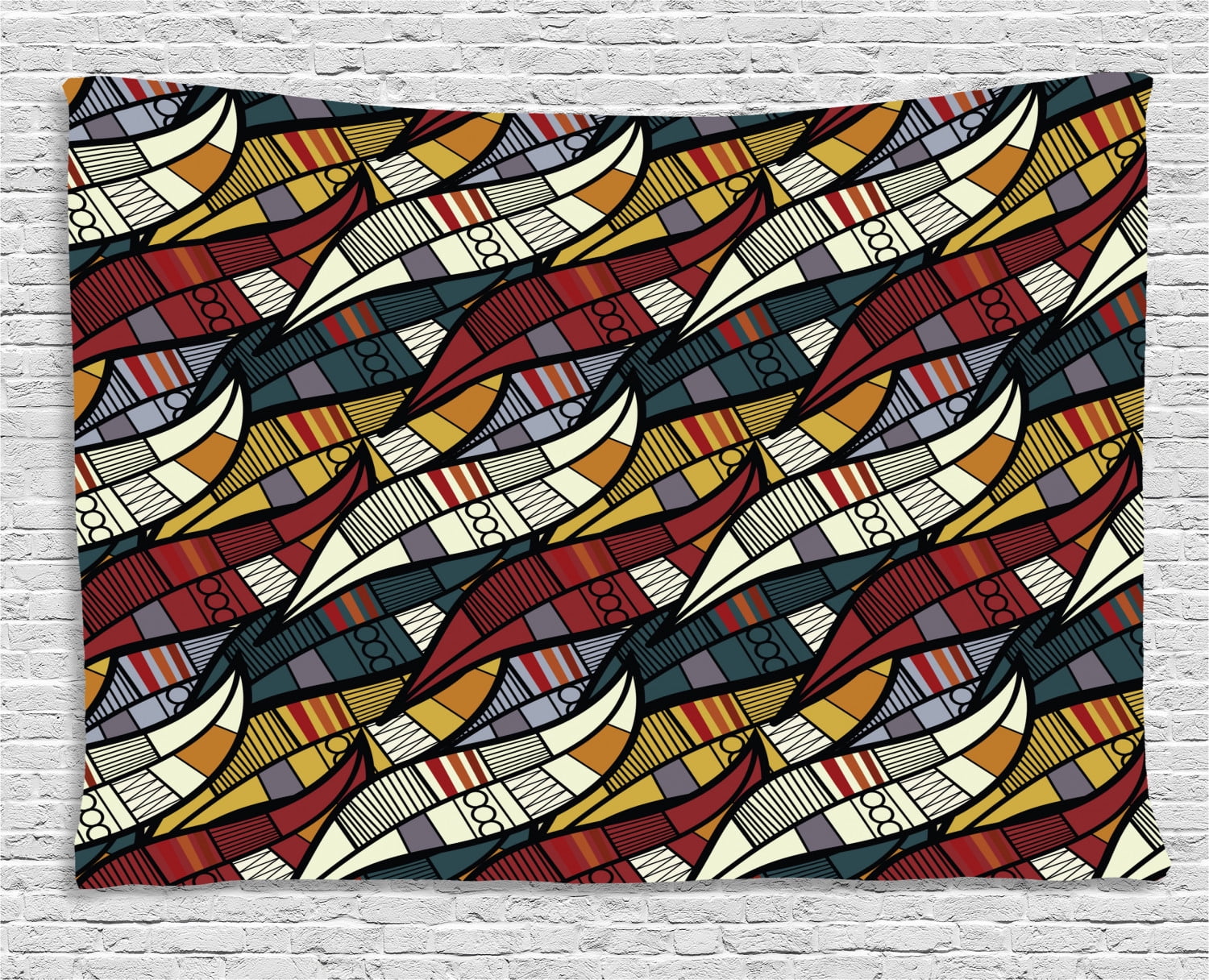 African Tapestry, Diagonal Abstract Leaves with Circles Chevrons Lines ...
