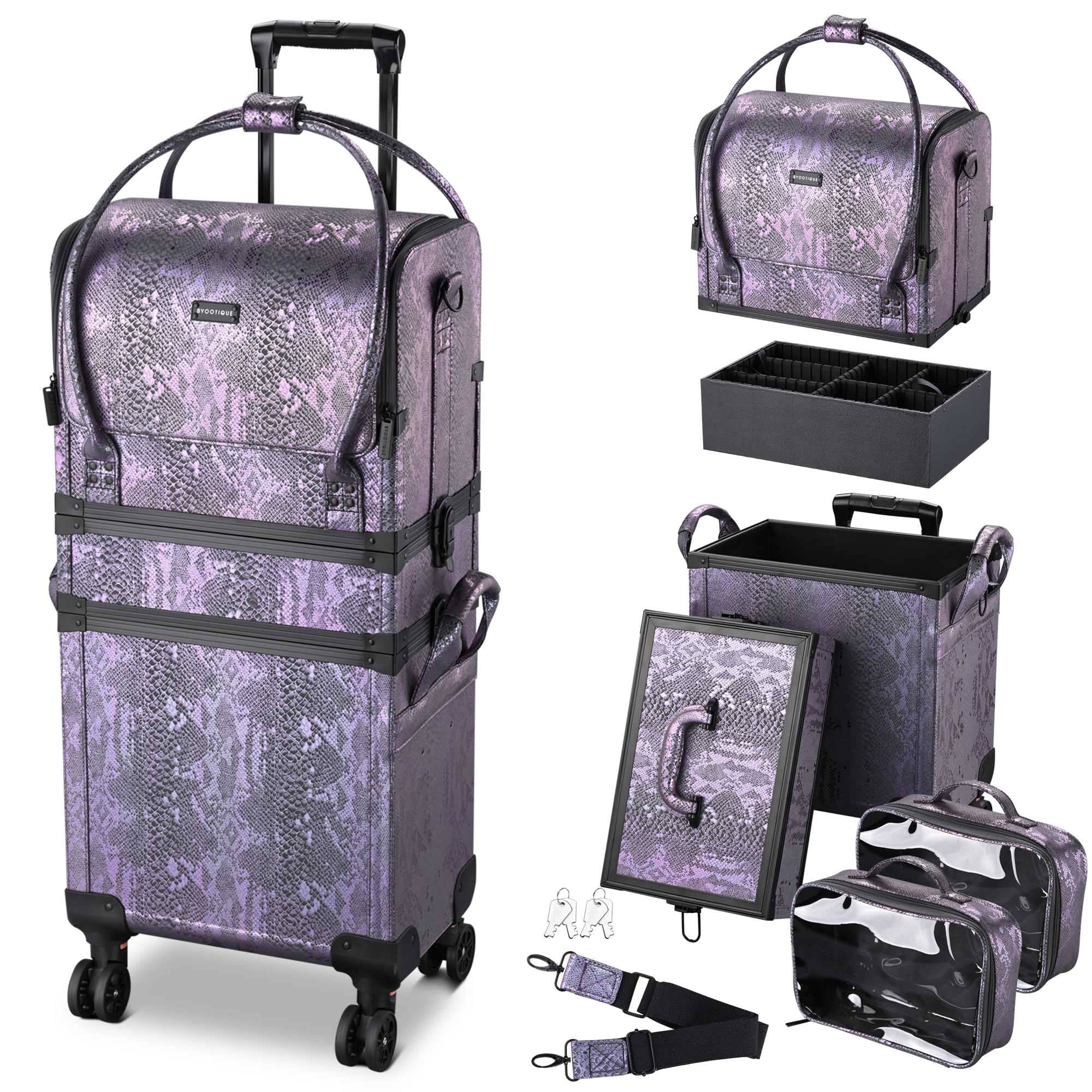 BYOOTIQUE Purple Makeup Train Case Lockable Rolling Cosmetic Trolley ...