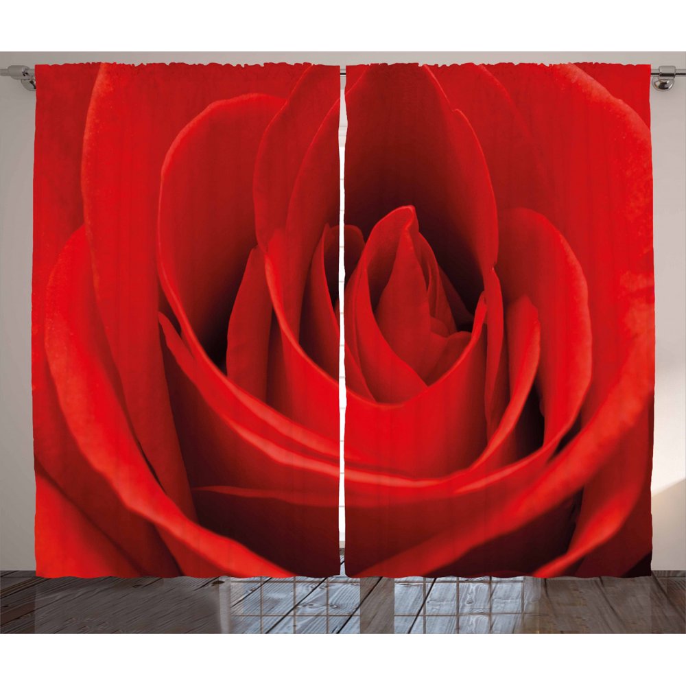 Rose Curtains 2 Panels Set, Close Up Macro of a Red Rose Bloom Fresh ...