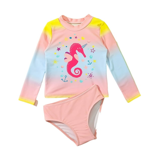 Girls Long Sleeve Rashguard Swimsuit Set Two Piece Bathing Suit with ...