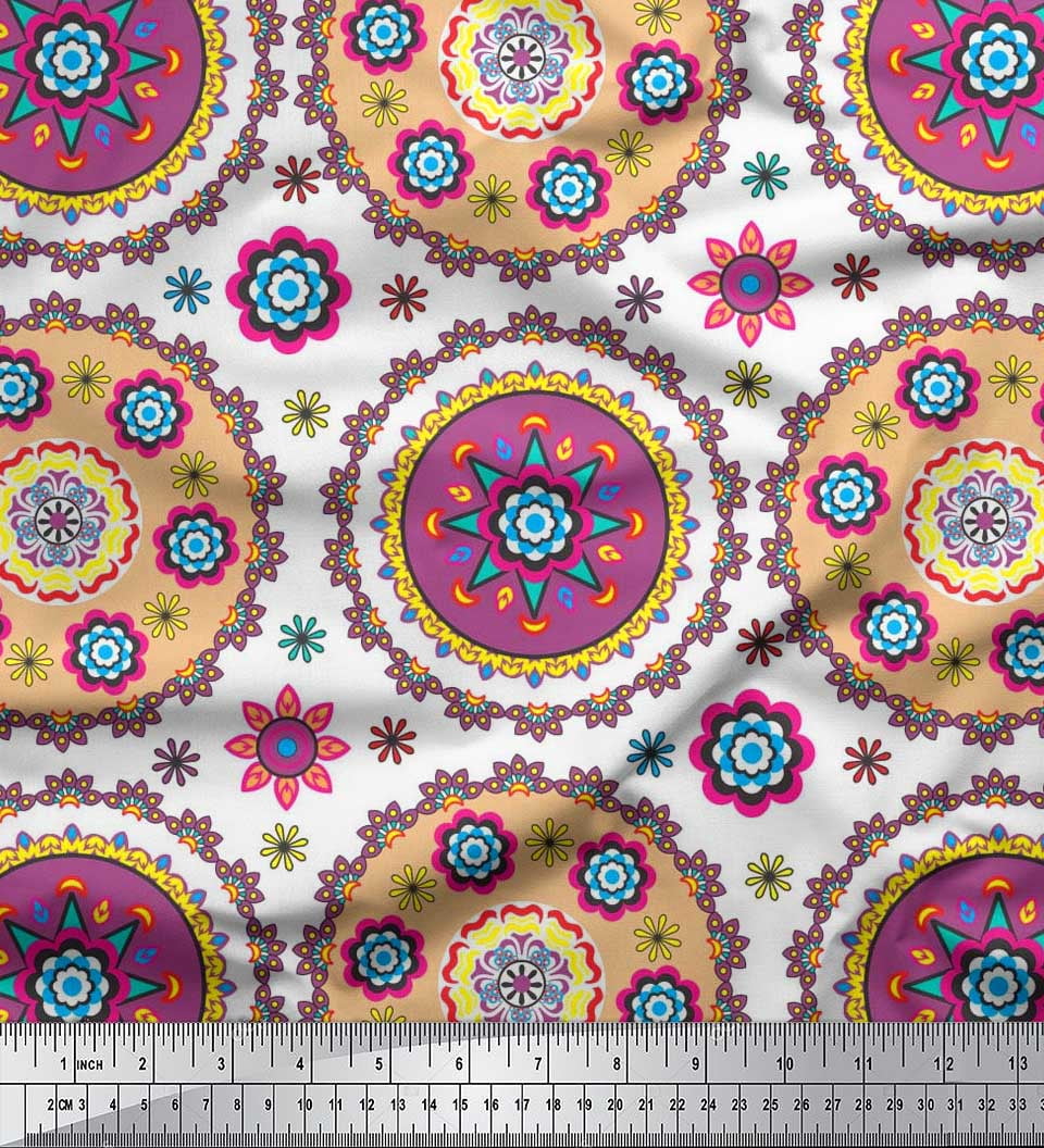 Soimoi Japan Crepe Satin Fabric Floral Mandala Print Sewing Fabric Yard ...