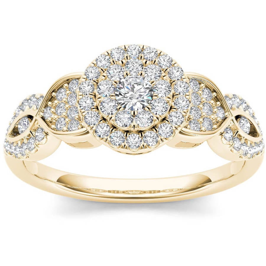 1/2 Carat T.W. Diamond Cluster Halo 10kt Yellow Gold Engagement Ring ...