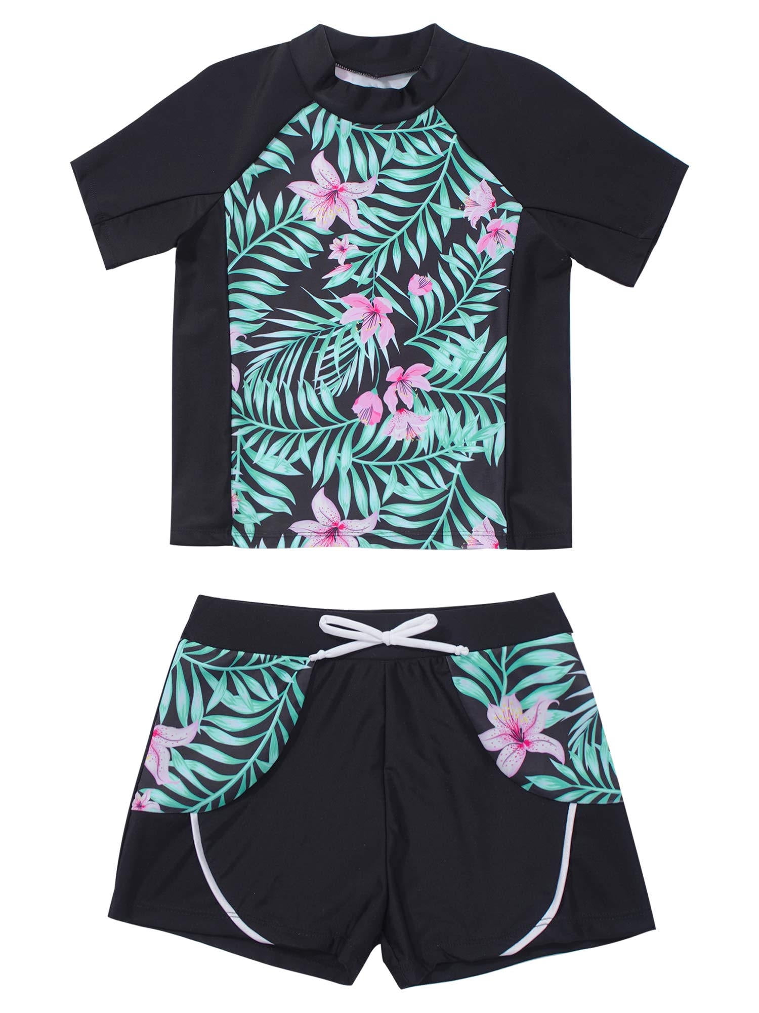 Aislor Kids Girls Athletic Tankini Swimsuit Floral Short Sleeve Swim ...