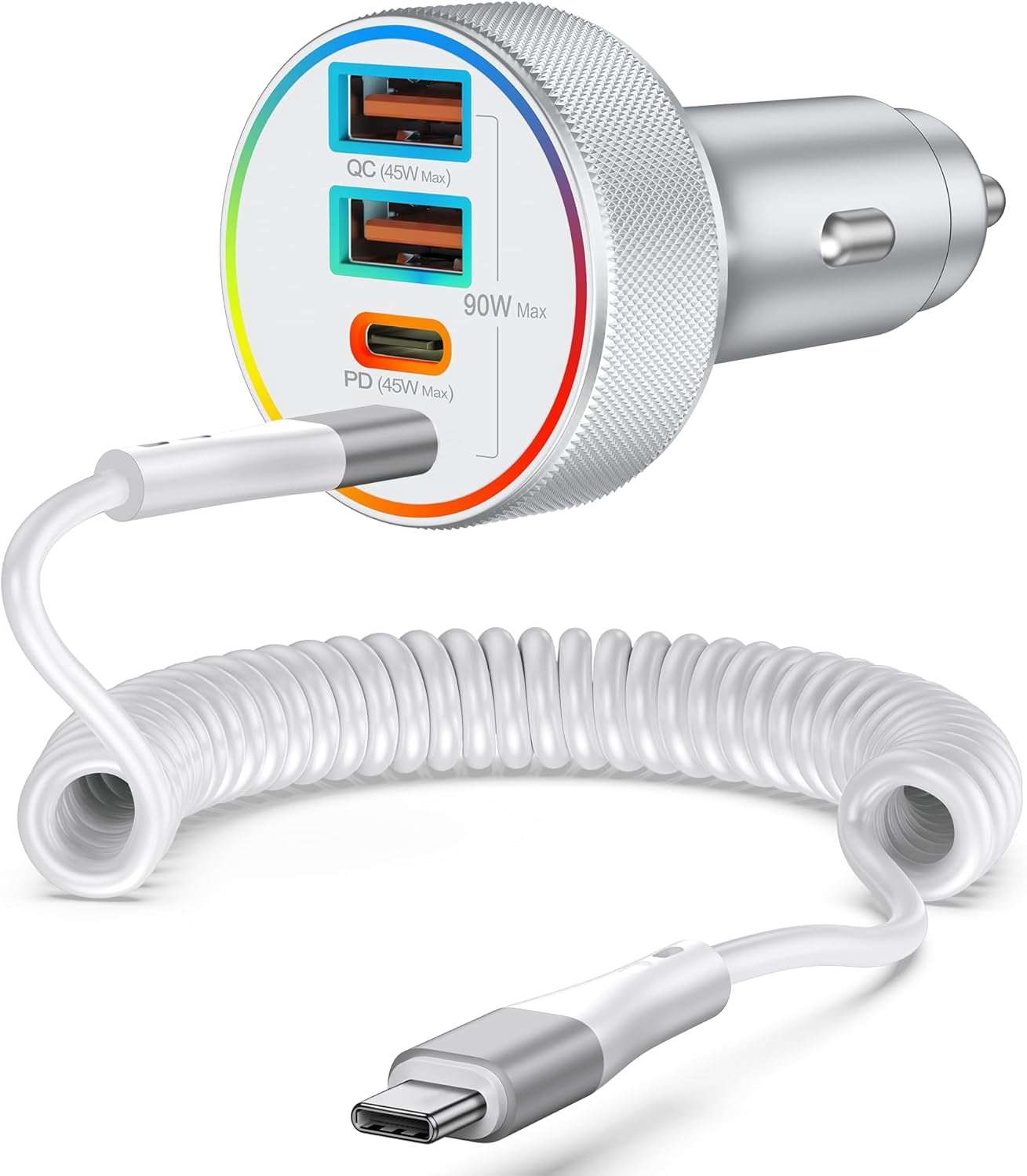 WWS-90W Fast Charging USB C Car Charger with 6FT Retractable Coiled ...