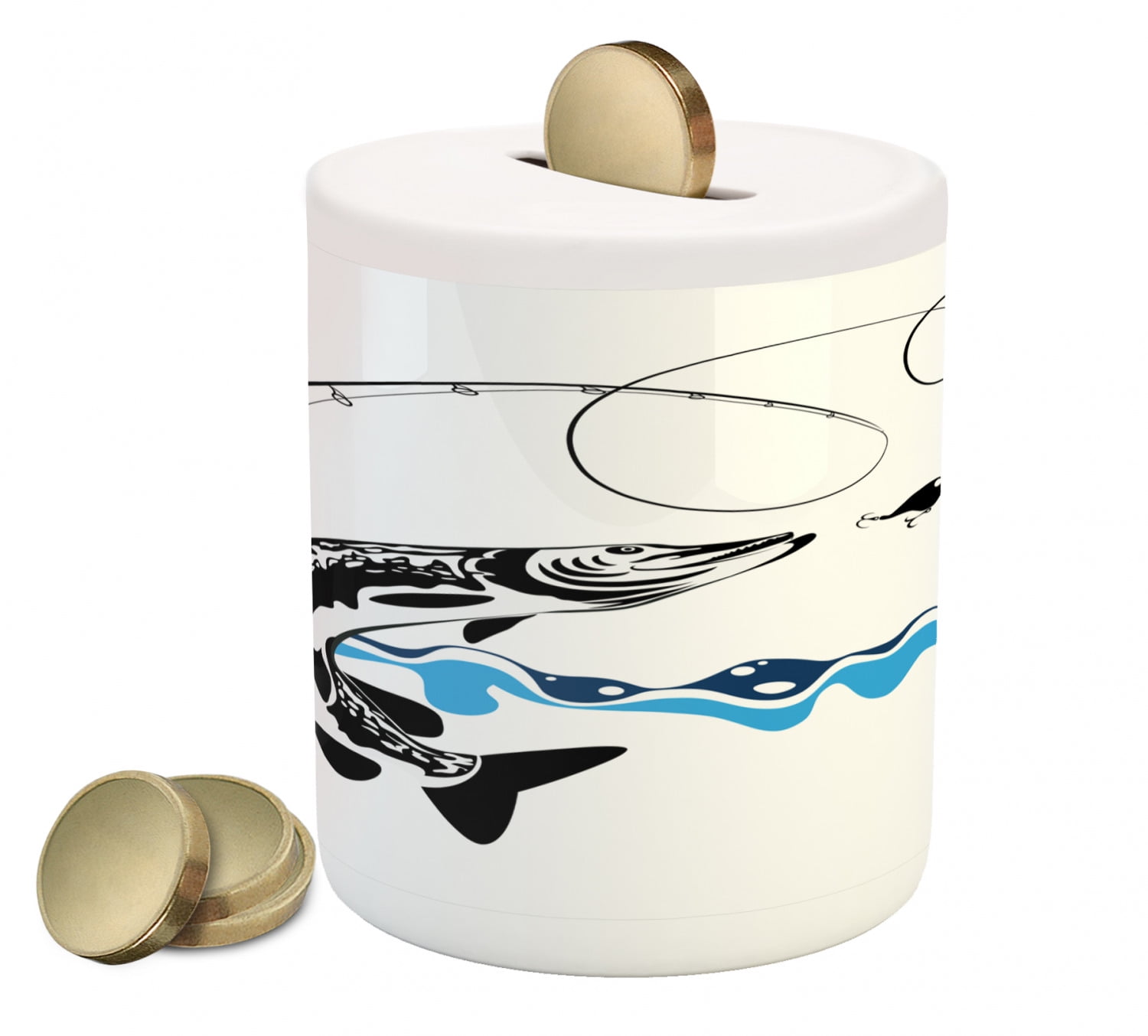 Fishing Piggy Bank, Big Pike Fish Catching Wobblers Reel Trap in River ...