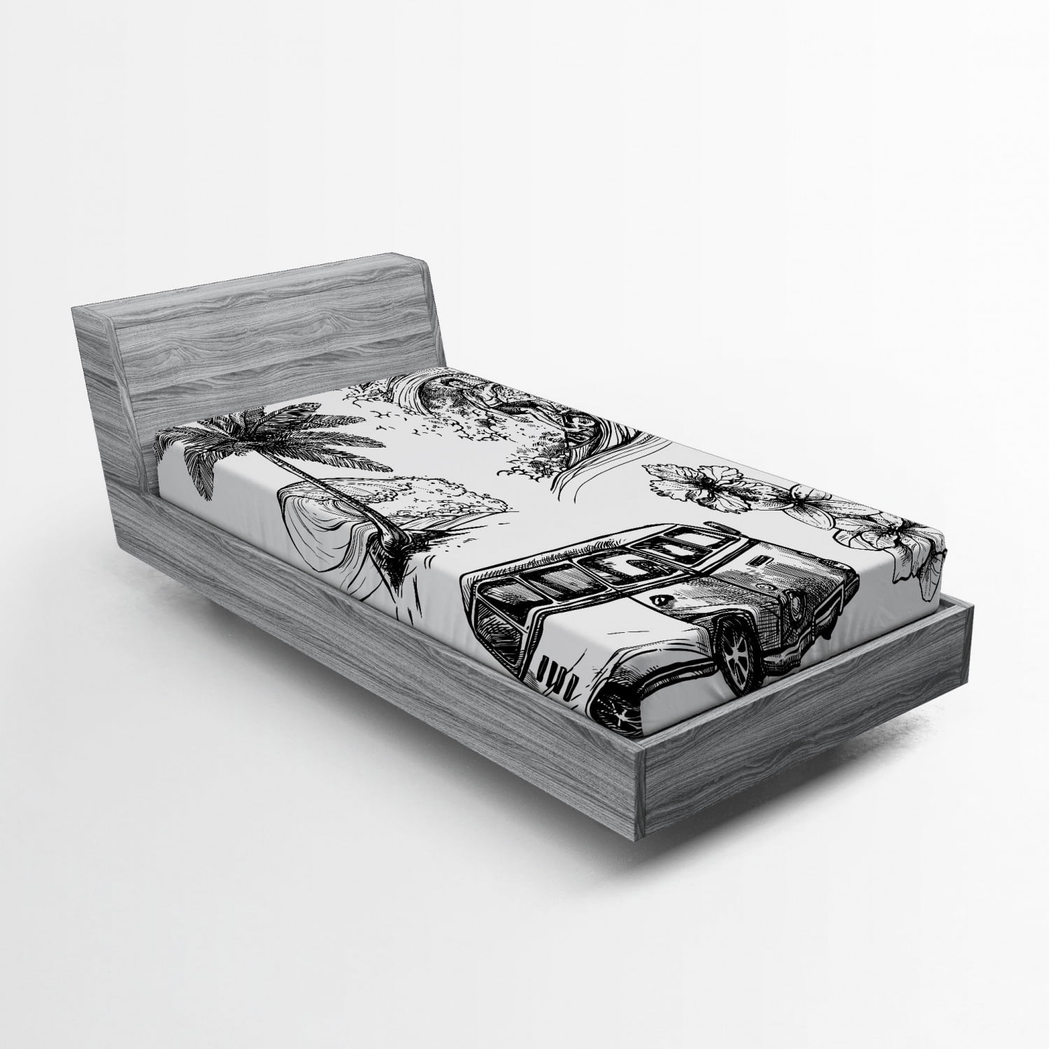 Surf Fitted Sheet, Surfing Sport Surfboard Beach Van Sketch Style ...