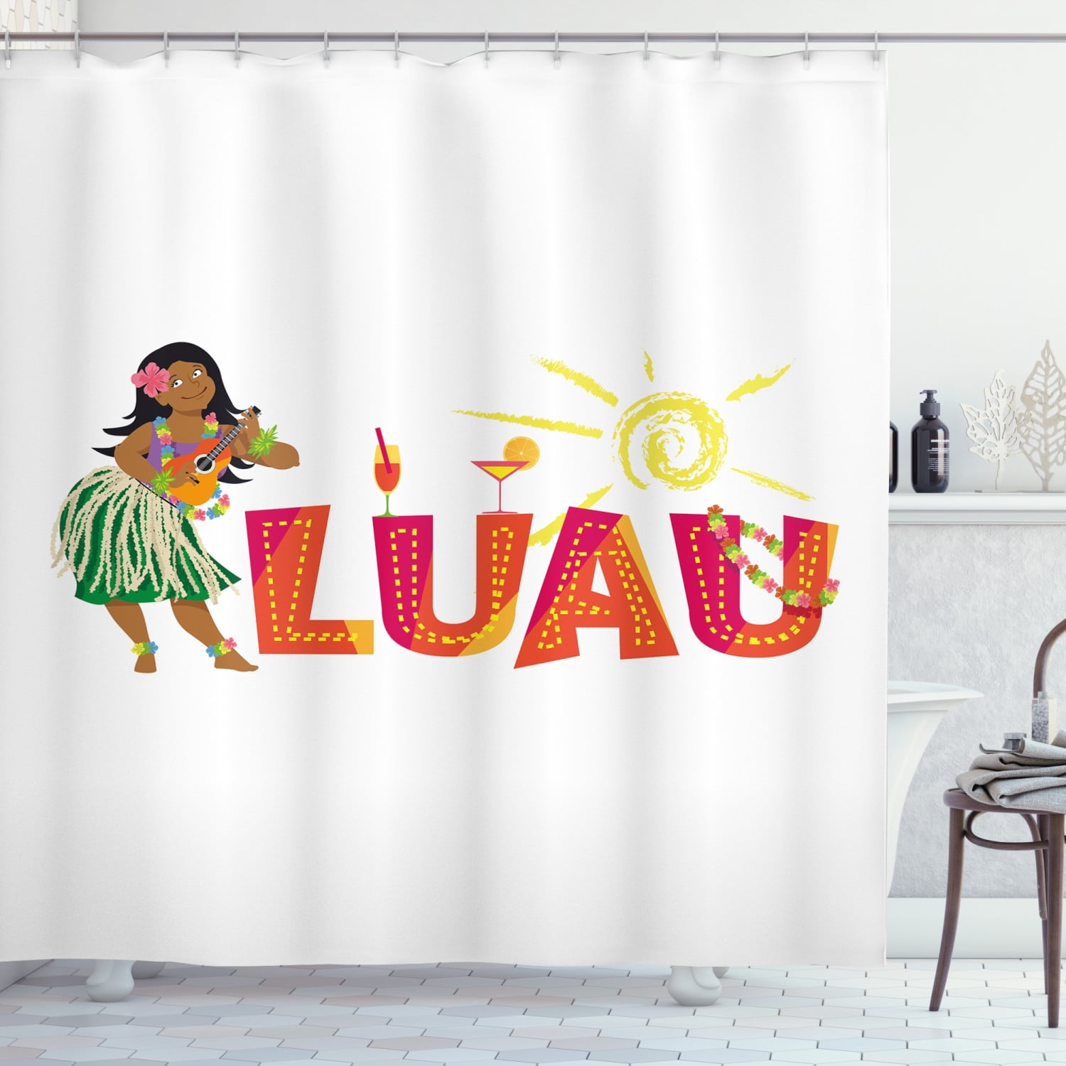 Luau Shower Curtain, Colorful Hula Dancer Girl with a Ukulele and Party ...