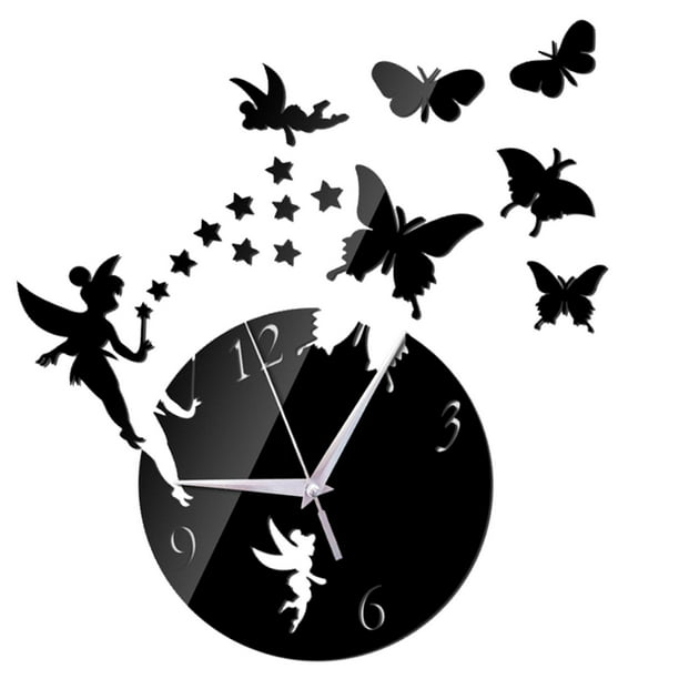 Acrylic Mirror Stickers Wall Clock Fairy Butterfly 3D DIY Clocks for ...