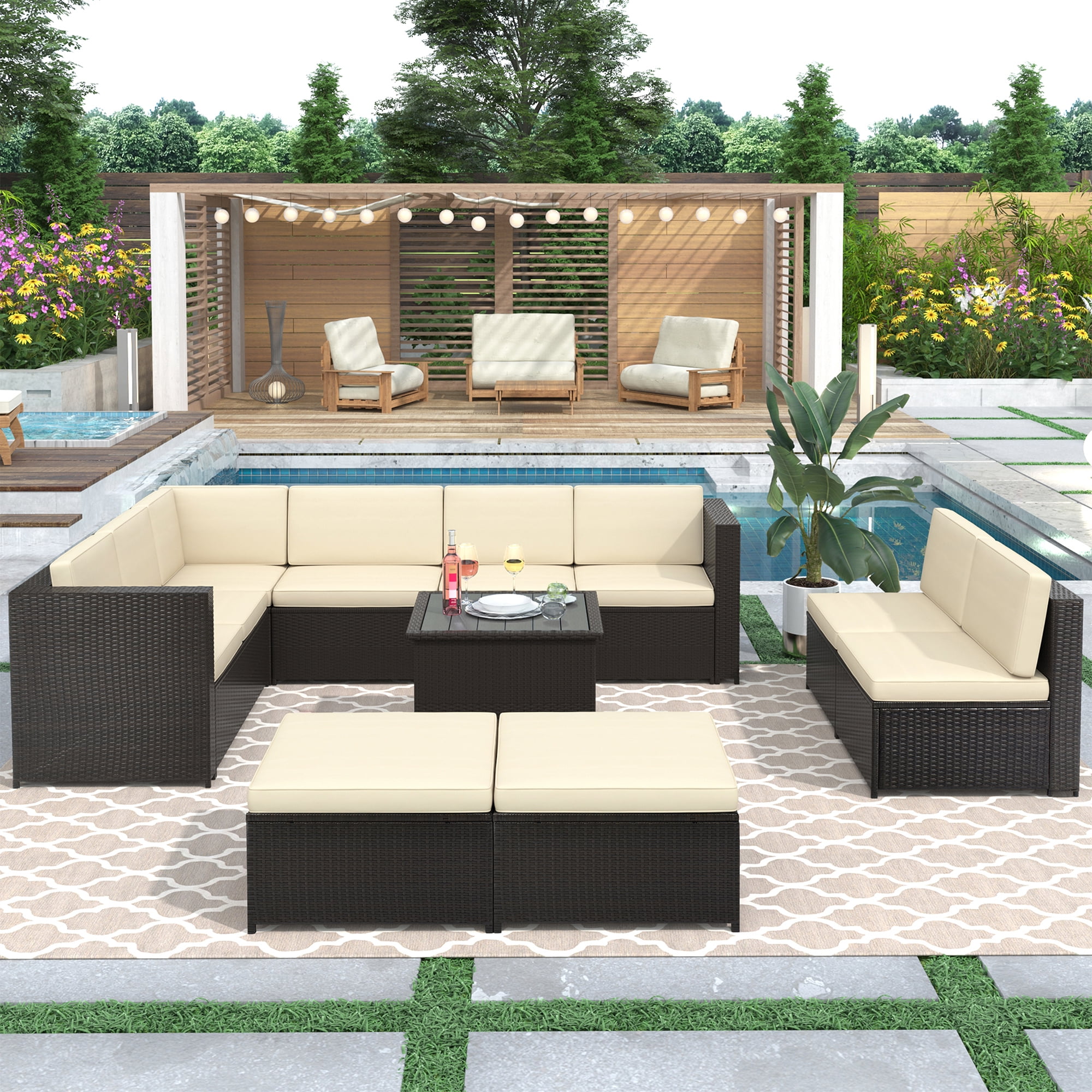 PUDO 10 Piece Patio Furniture Conversation Rattan Wicker Outdoor Lawn ...