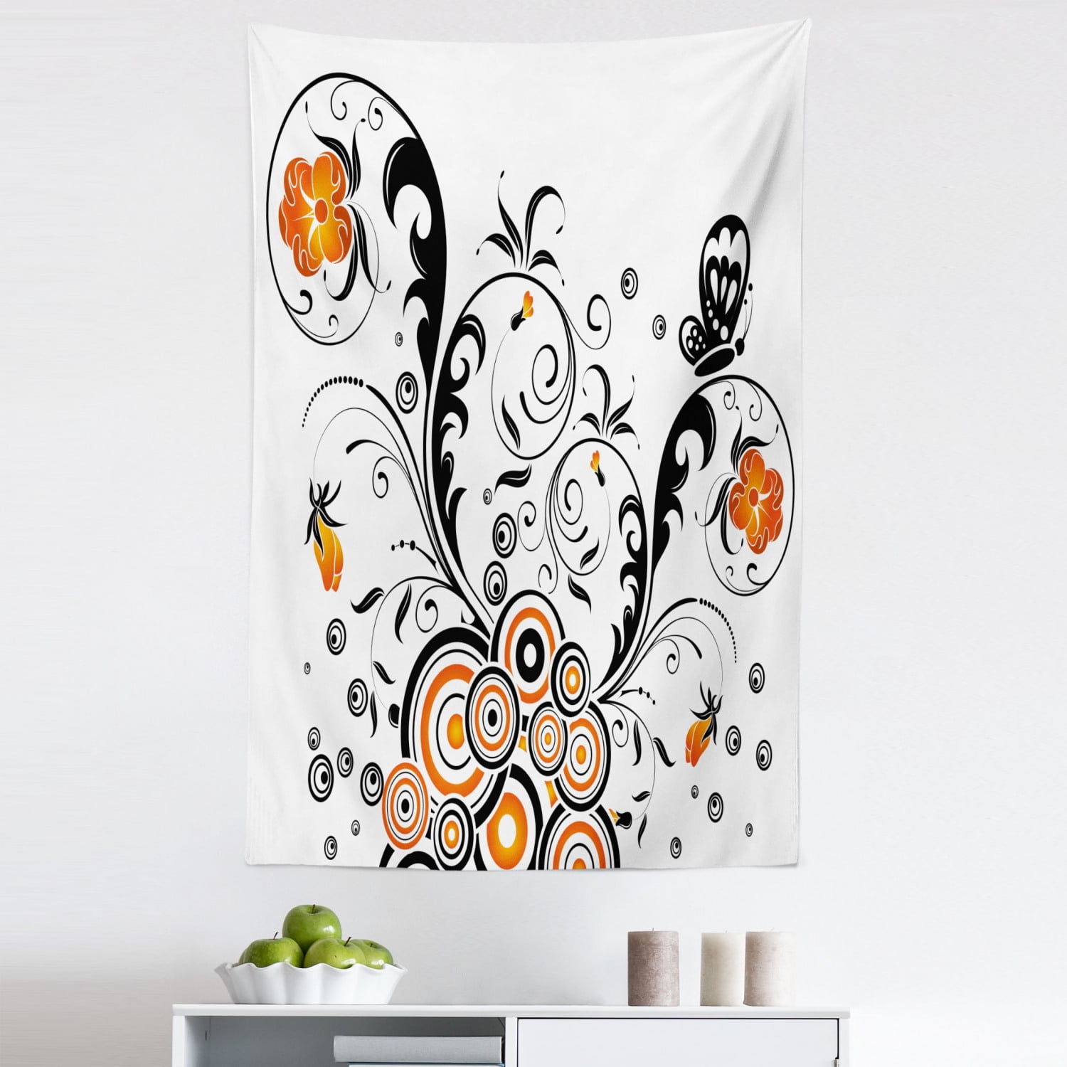 Garden Tapestry, Floral Design Branches with Circular Petals and ...