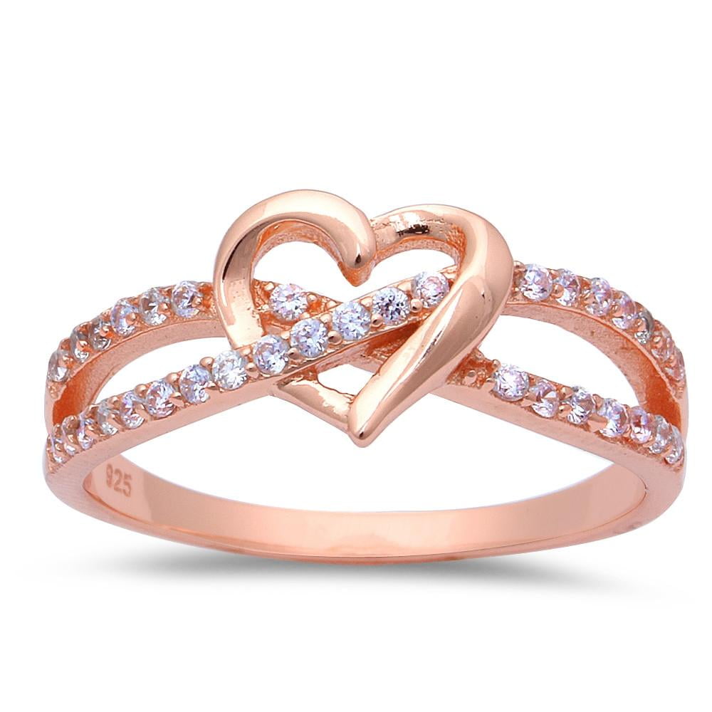 Rose Gold-Tone Sterling Silver Clear CZ Twisted Infinity Heart Ring ...