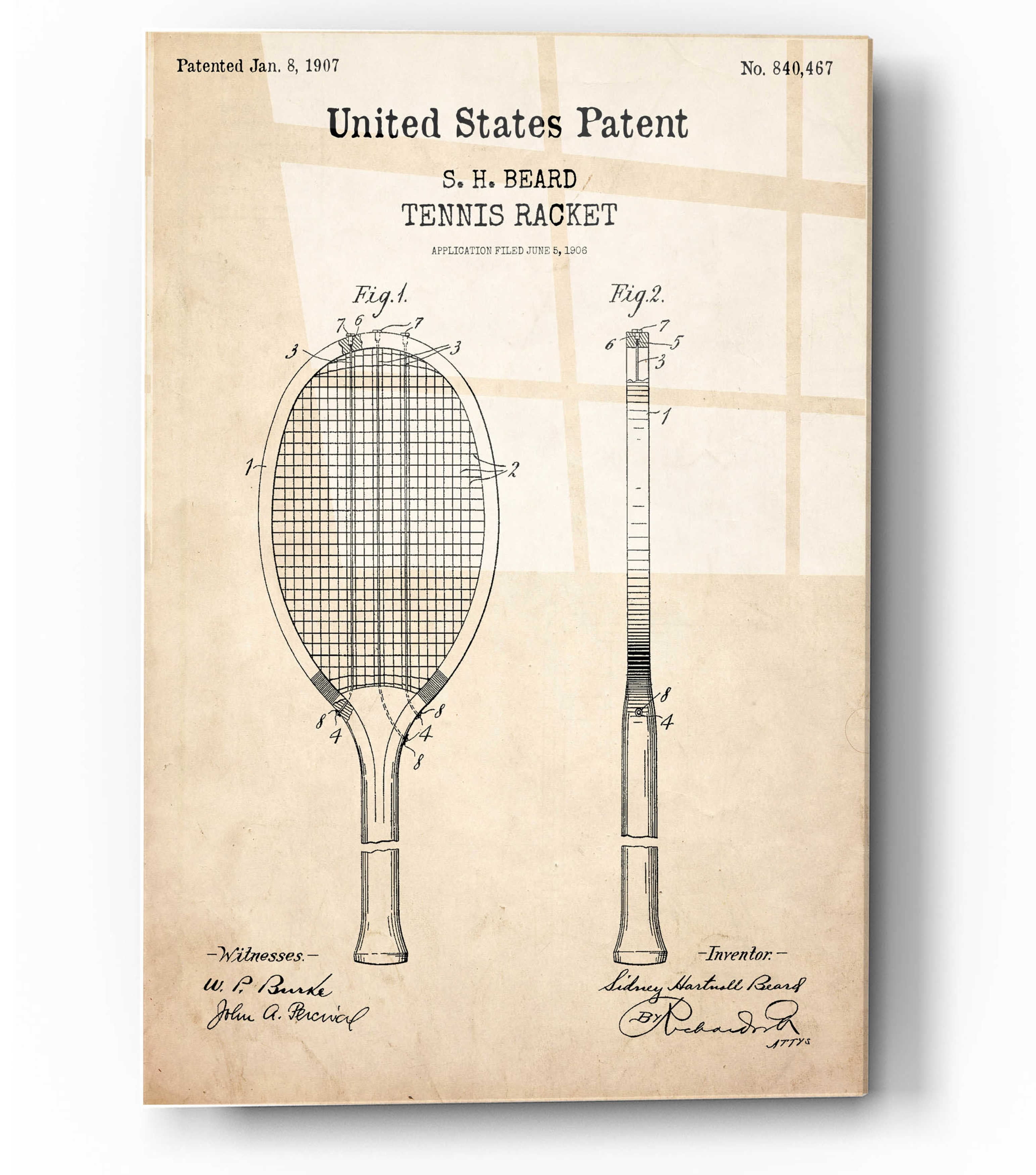 Epic Art 'Tennis Racket Blueprint Patent Parchment,' Acrylic Glass Wall ...