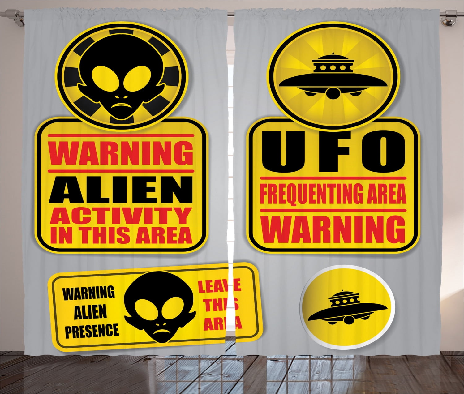 Outer Space Decor Curtains 2 Panels Set, Warning Alien Ufo Sign Face of ...