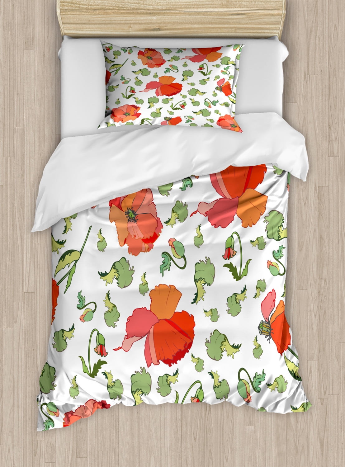 Poppy Twin Size Duvet Cover Set, Blooming Poppies Buds and Green Leaves ...