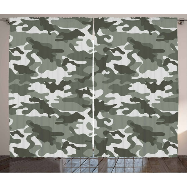 Camouflage Curtains 2 Panels Set Monochrome Army Attire Pattern