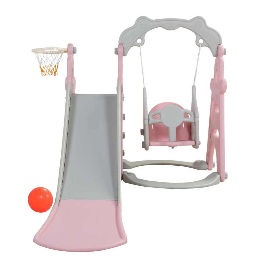Kids Swing and Slide Set 3-in-1 Slide with Basketball Hoop for Indoor ...