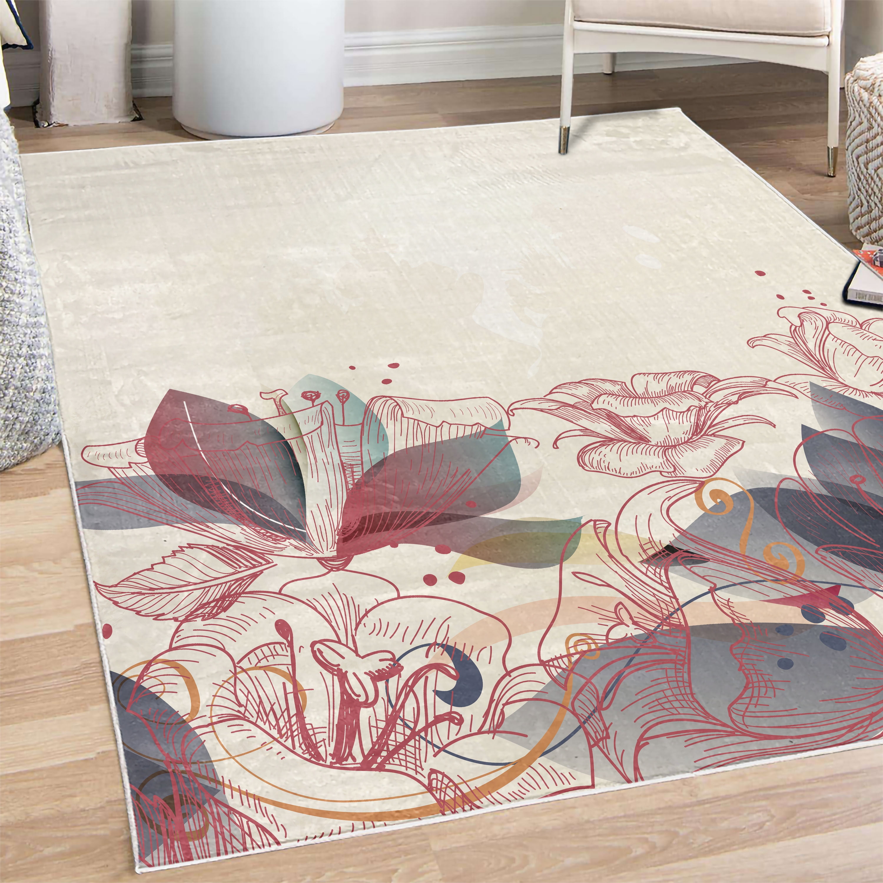 Flower Decorative Rug, Retro Floral Background Hibiscus Silhouettes ...