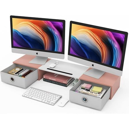 WESTREE Dual Monitor Stand Riser with Two Drawers, Extra Large Storage ...