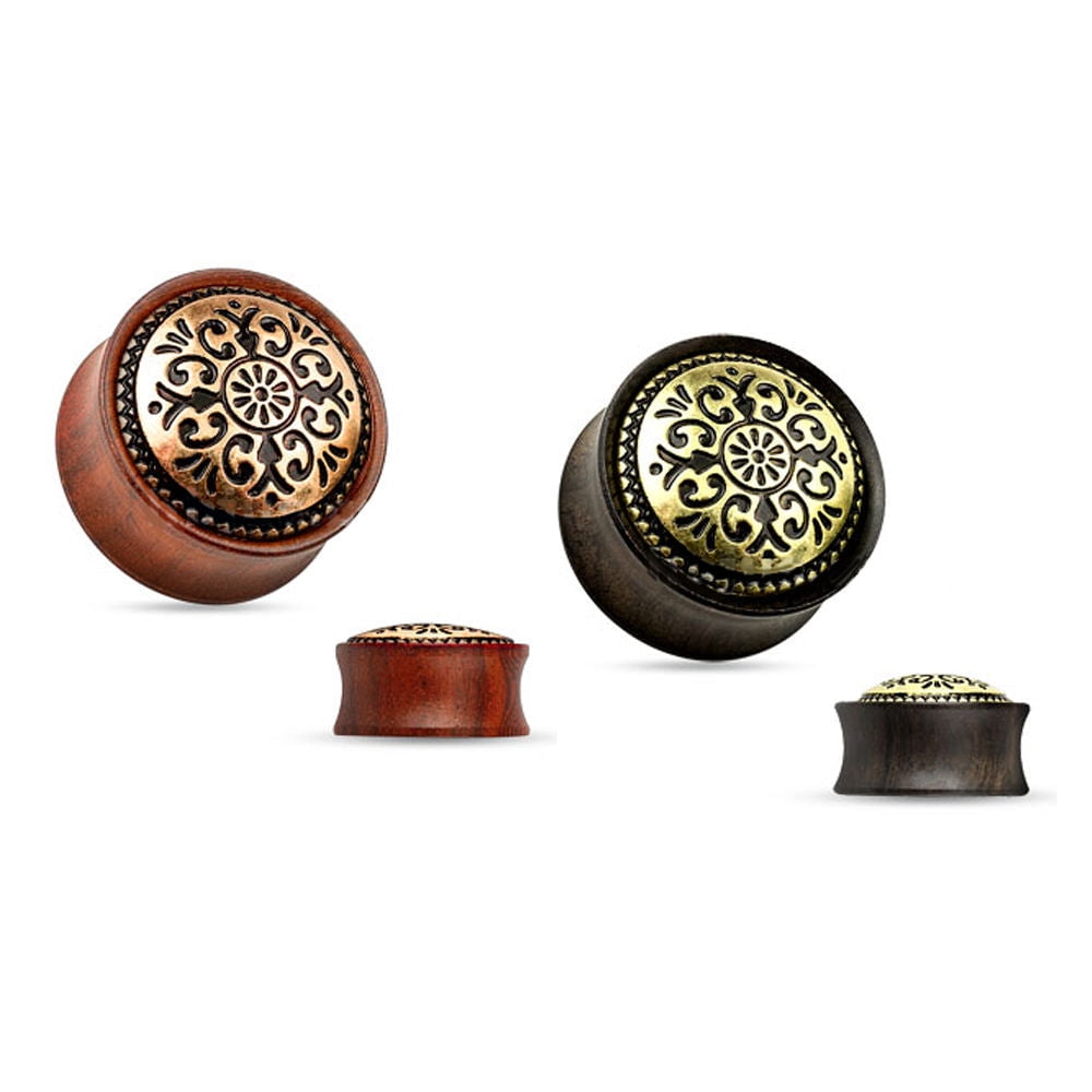 Organic Ear Plugs - Antique Brass Inlay Wood Saddle Fit Double Flare ...