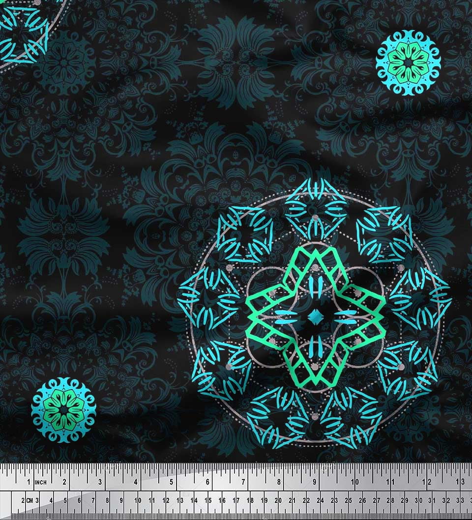 Soimoi Crepe Silk Fabric Sacred Geometry & Filigree Damask Print Fabric ...
