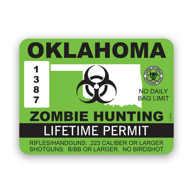 Oklahoma Zombie Hunting Permit Sticker Decal - Self Adhesive Vinyl ...