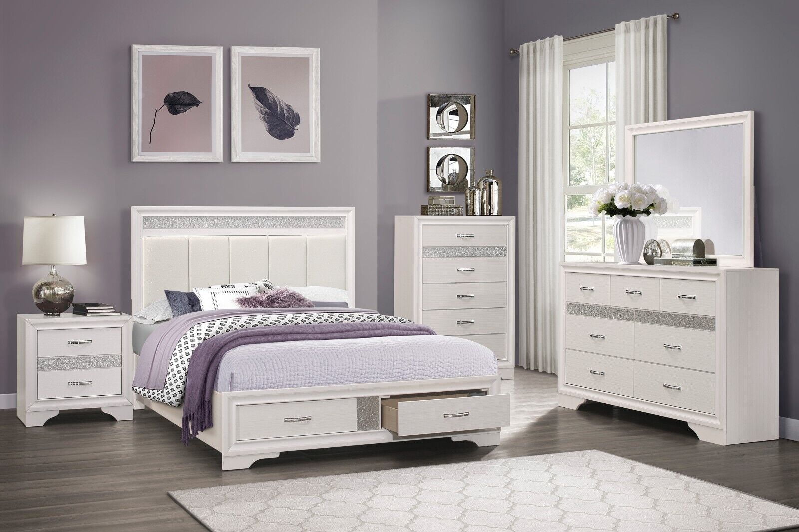 White Finish 5pc Modern Bedroom Set Queen Platform Bed with Drawers Dresser Mirror Nightstand ...
