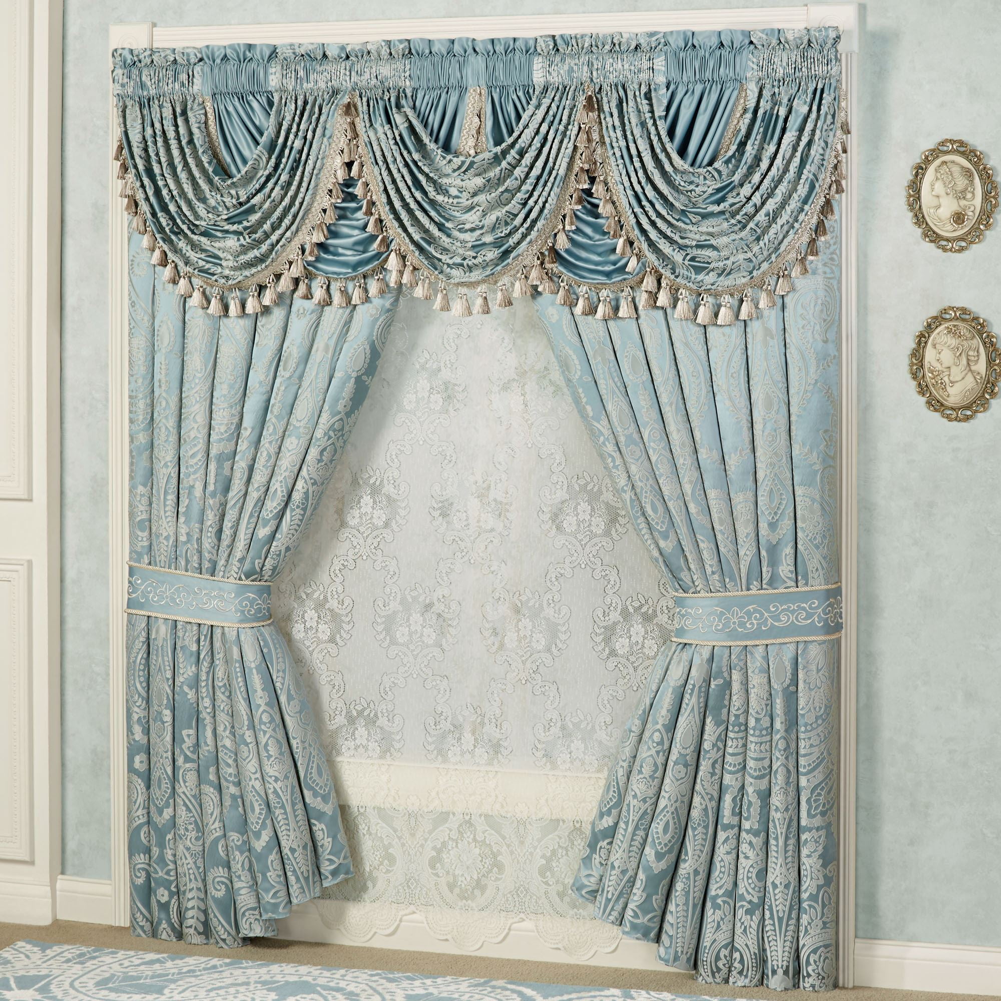 Romantic Regency Jacquard Woven Scrollwork Parisian Blue Window Curtain ...