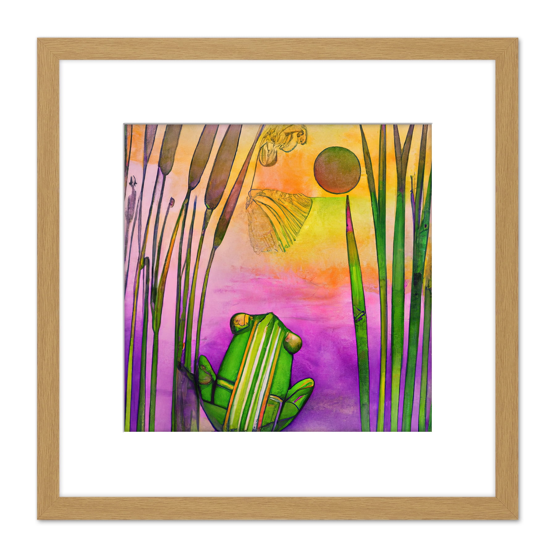 Frog Watching the Sunset Pond Reeds Purple Pink Green Watercolour ...