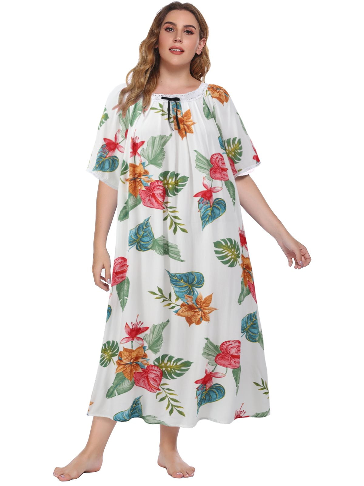 EFINNY Women's Plus Size Long Nightgowns Floral Print Short Sleeve Long ...