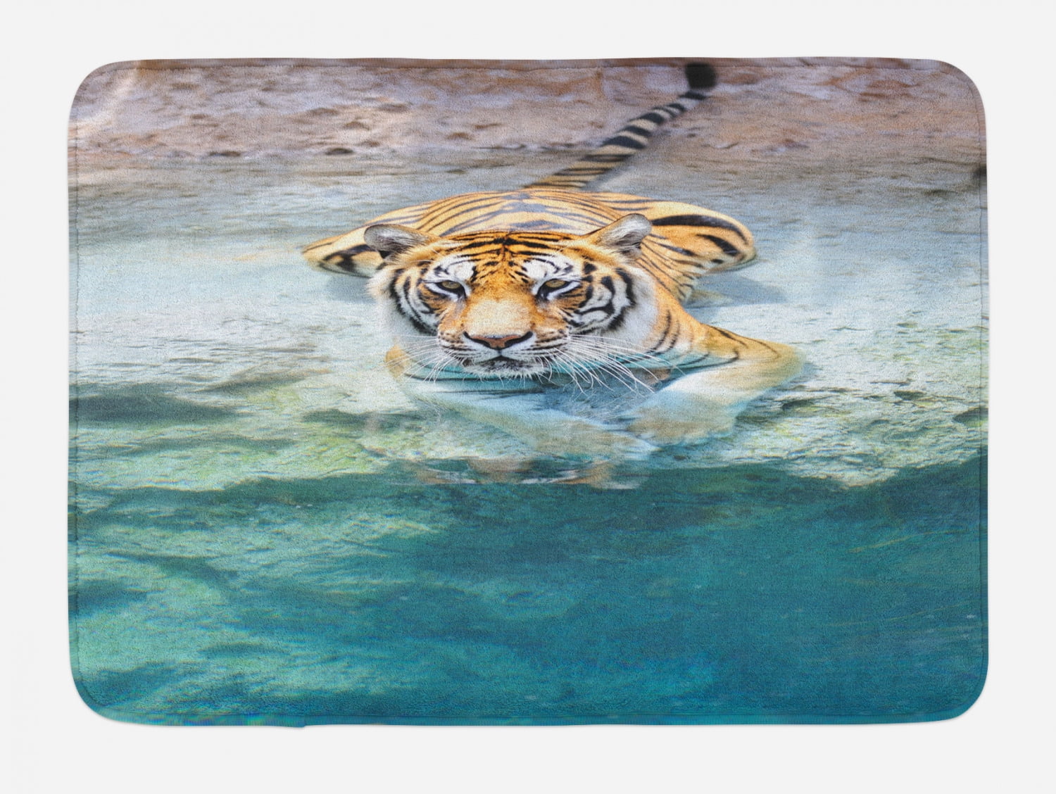 Safari Bath Mat, Picture of a Bengal Tiger Lying Near Water Wild Life Cave Stone Clear Water ...