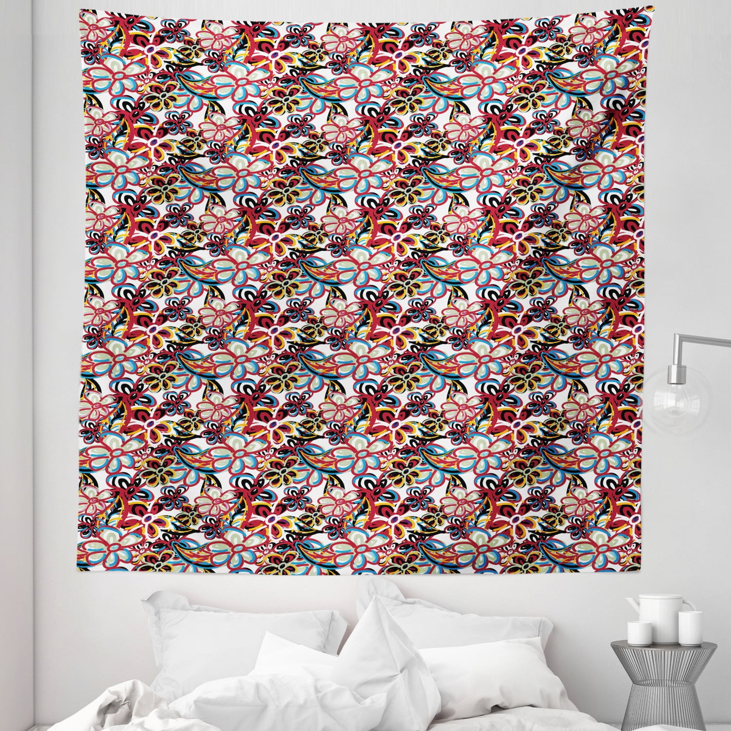 Colorful Tapestry, Cartoon Style Nature Depiction with Abstract Flowers ...