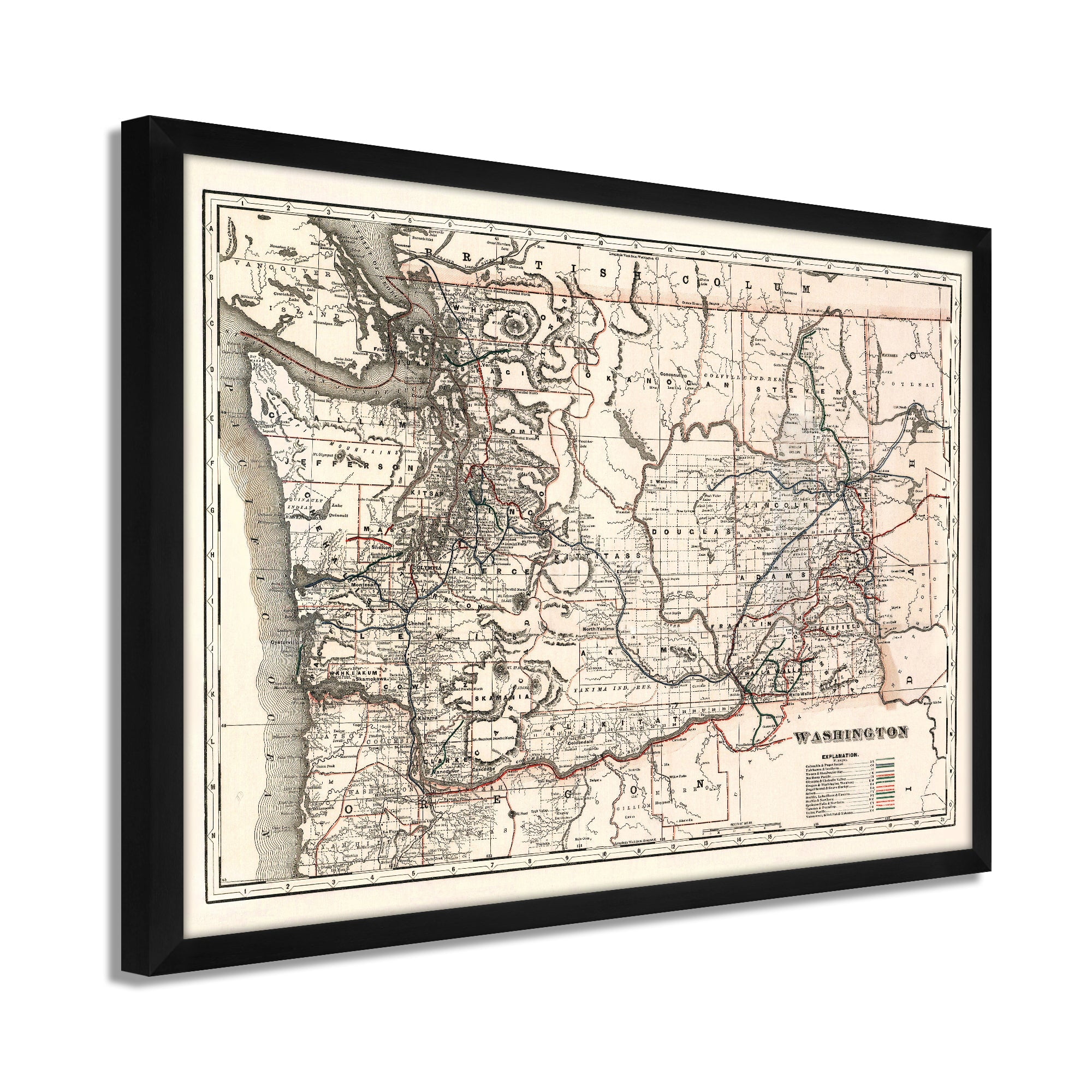 1888 Washington State Map - Framed Vintage Washington Map - Restored ...