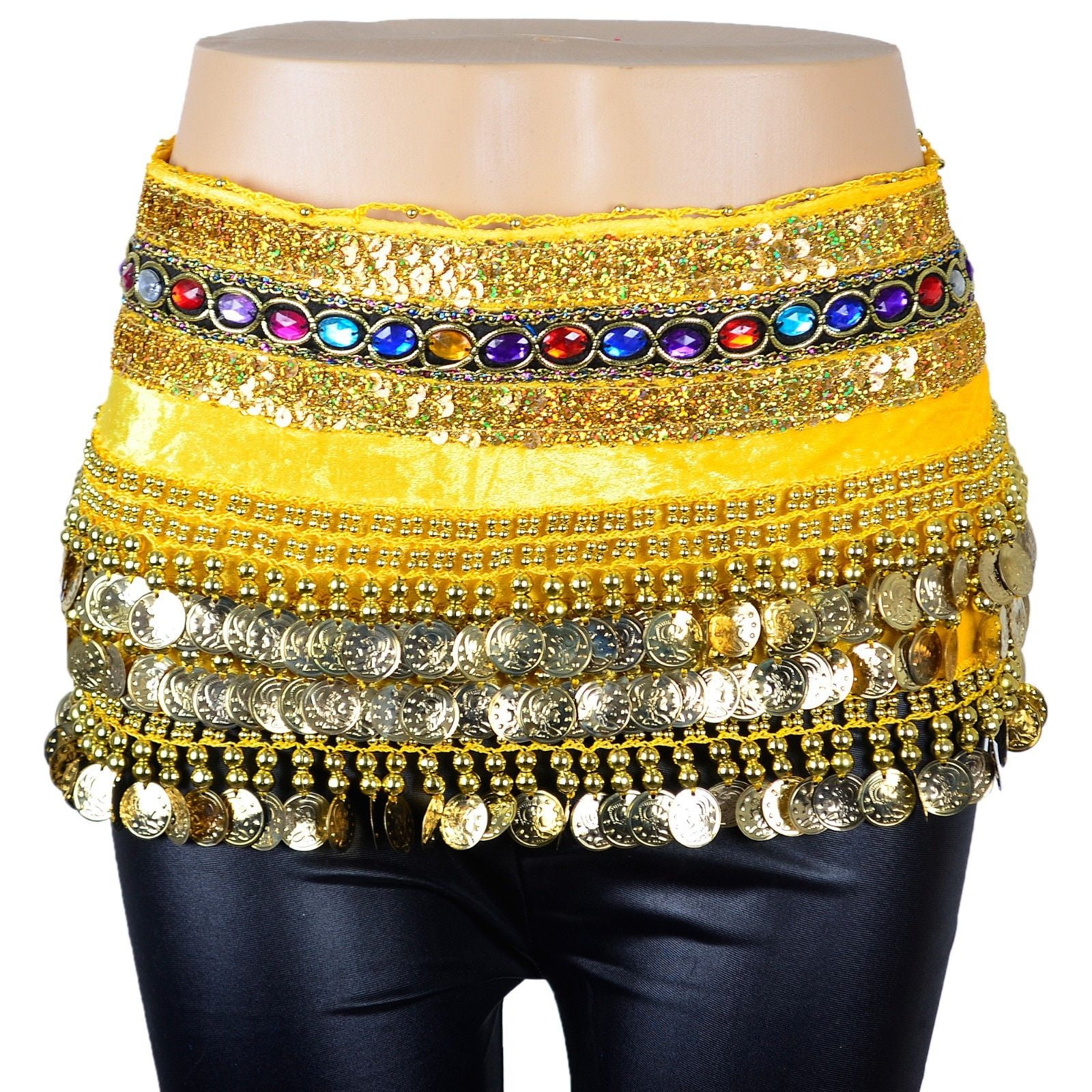 Velvet Belly Dance Hip Scarf With Gold Coins Faux Gemstone Sequins