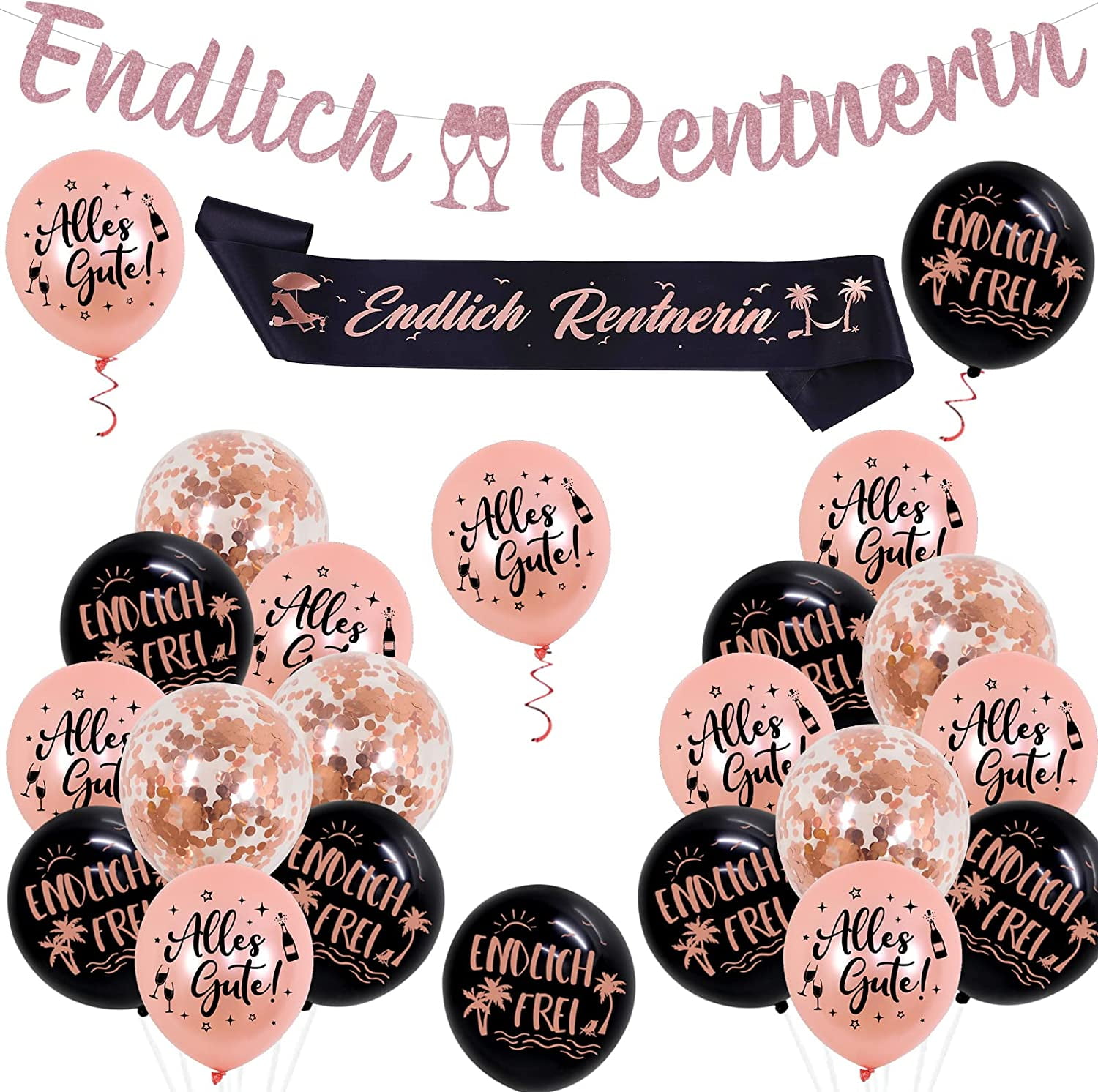 Retirement Decorations Black and Rose Gold, Endlich Ruhestand Banner ...