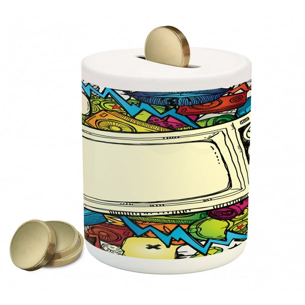 Hip Hop Piggy Bank, 90s Theme Retro Style Linear Drawn a Vintage ...