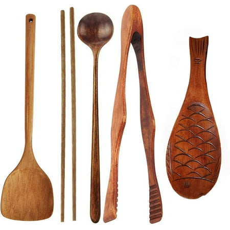 Wooden Cooking Utensils Kitchen Utensils Set with Wok Spatula Food ...