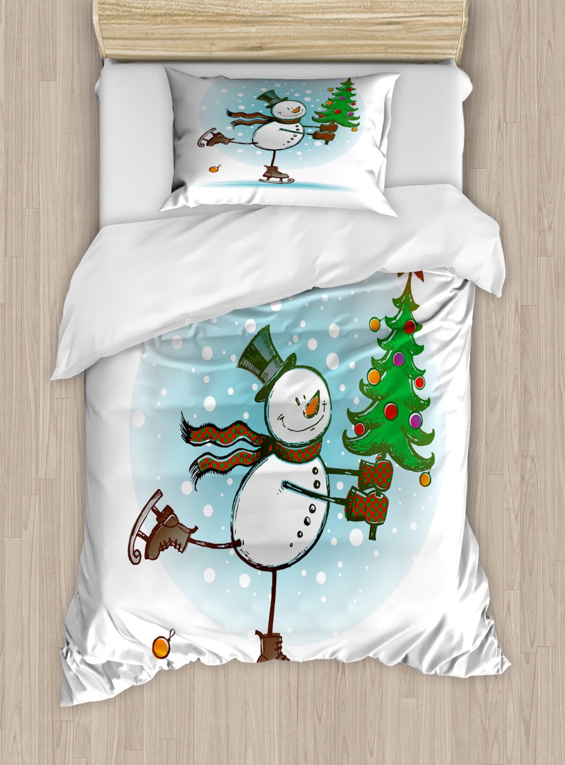 Snowman Duvet Cover Set Twin Size, Hand Drawn Style Skating Snowman ...