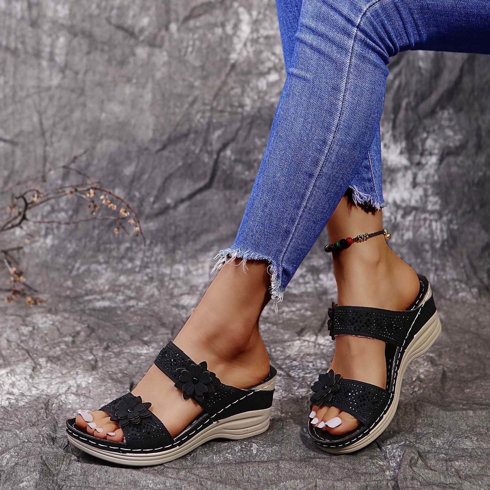 Summer Retro Casual Flowers High-heeled Flat-bottomed Ladies Wedge ...