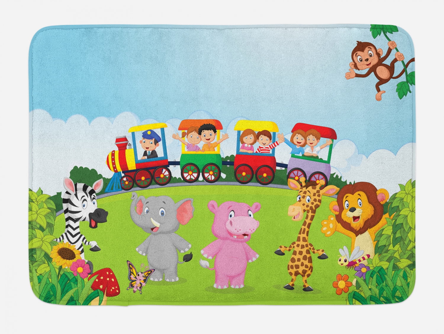 Cartoon Bath Mat, Kids Nursery Design Happy Children on a Choo Choo ...