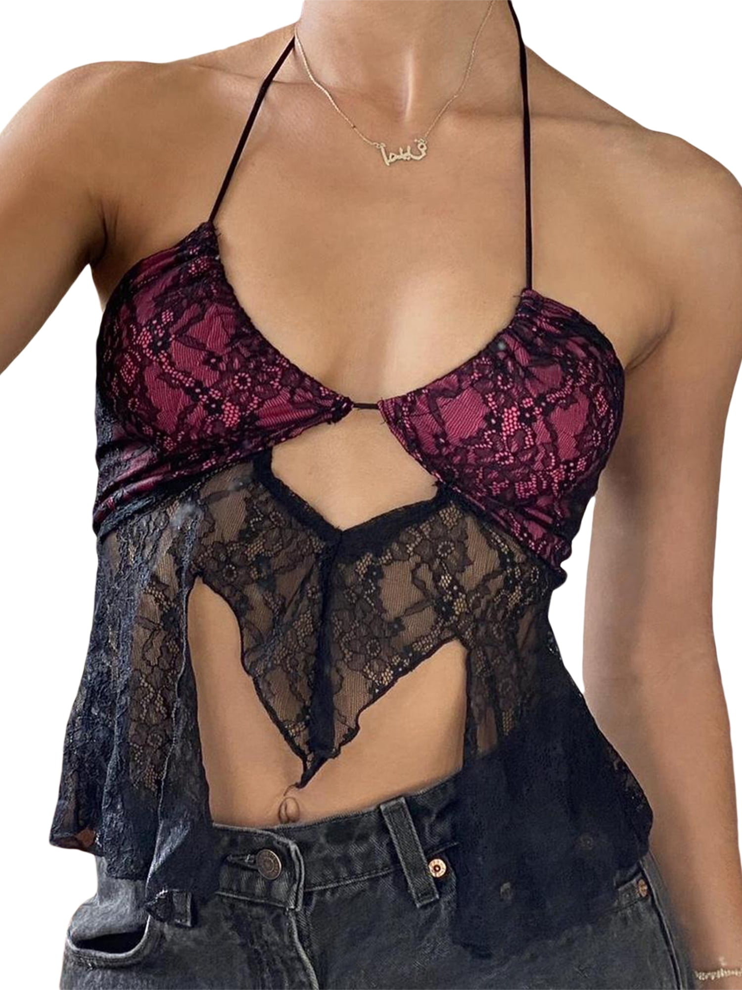 TOPGOD Women Halter Gothic Camisoles Sleeveless Lace Spaghetti Straps Camis Casual Slim ...