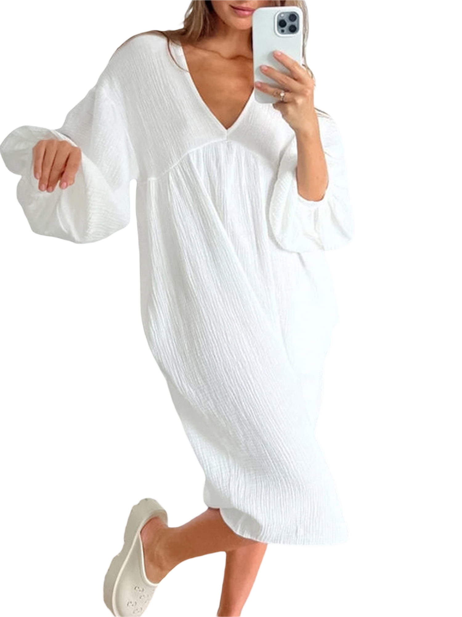 Women Nightdress Long Sleeve V Neck Loose Sleepwear Loungewear