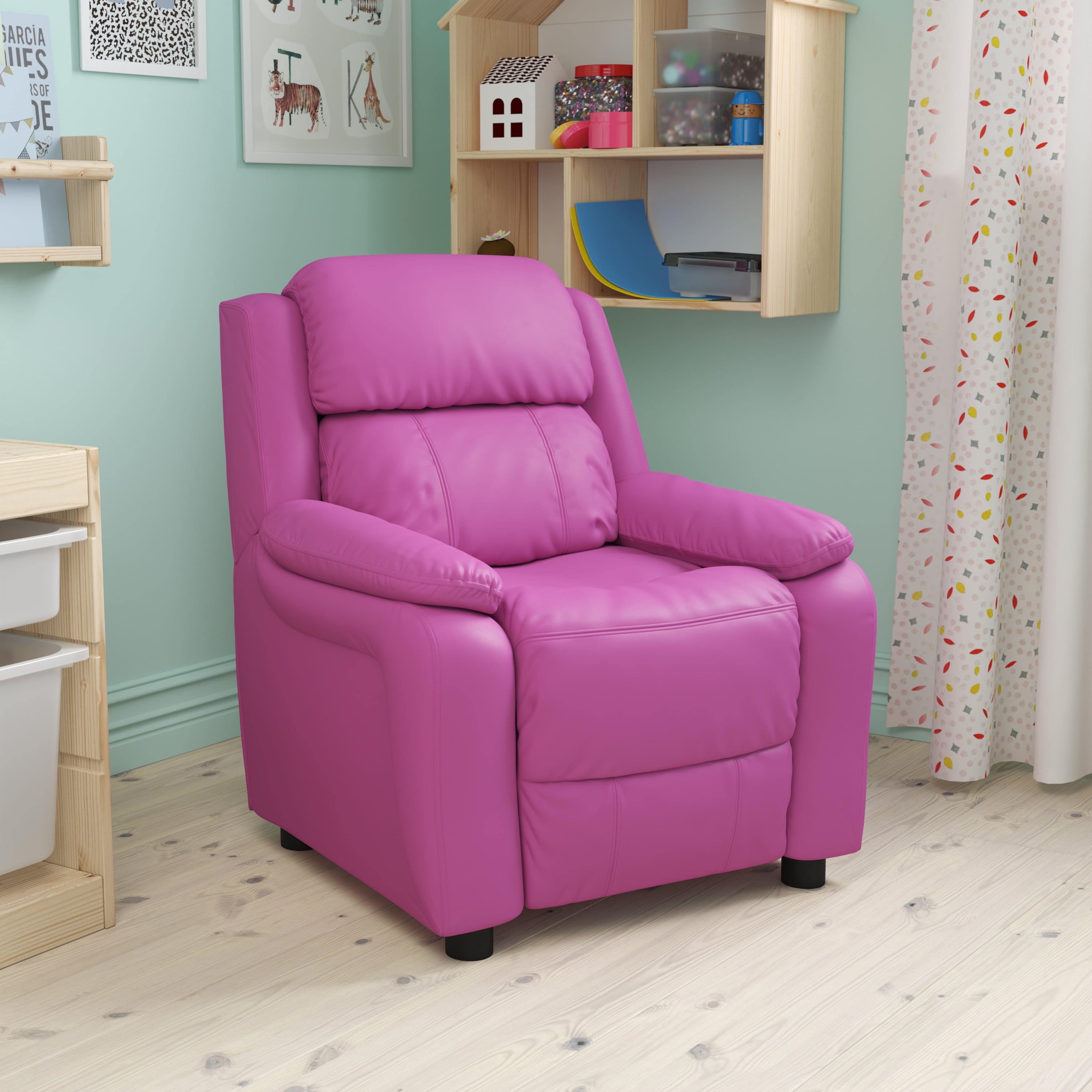 Emma + Oliver Deluxe Padded Hot Pink Vinyl Kids Recliner with Storage ...