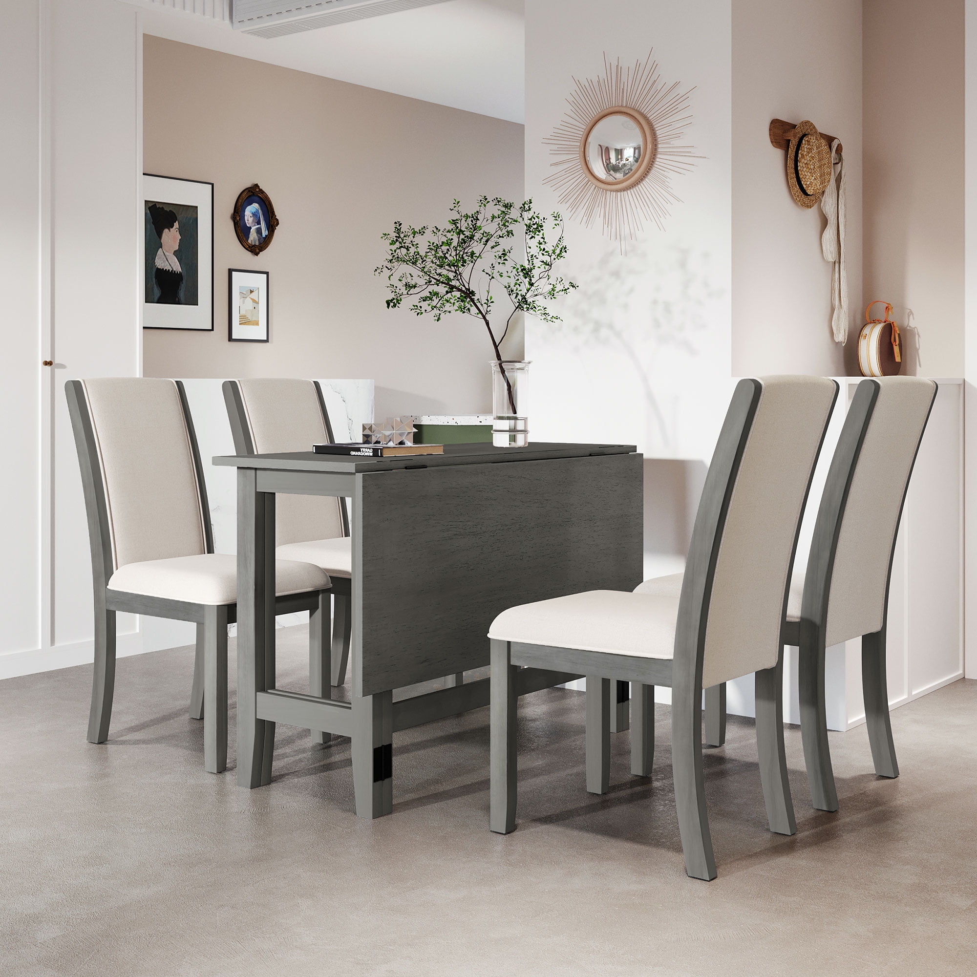 Farmhouse 5-Piece Wood Extendable Dining Table Set with Drop Leaf and 4 ...