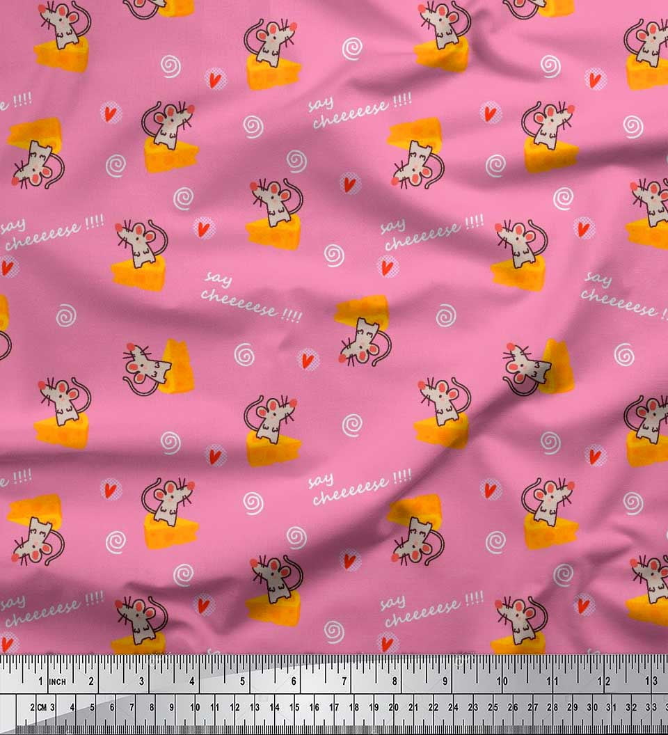 Soimoi Pink Satin Silk Fabric Cheese Slice & Rats Kids Print Fabric by ...